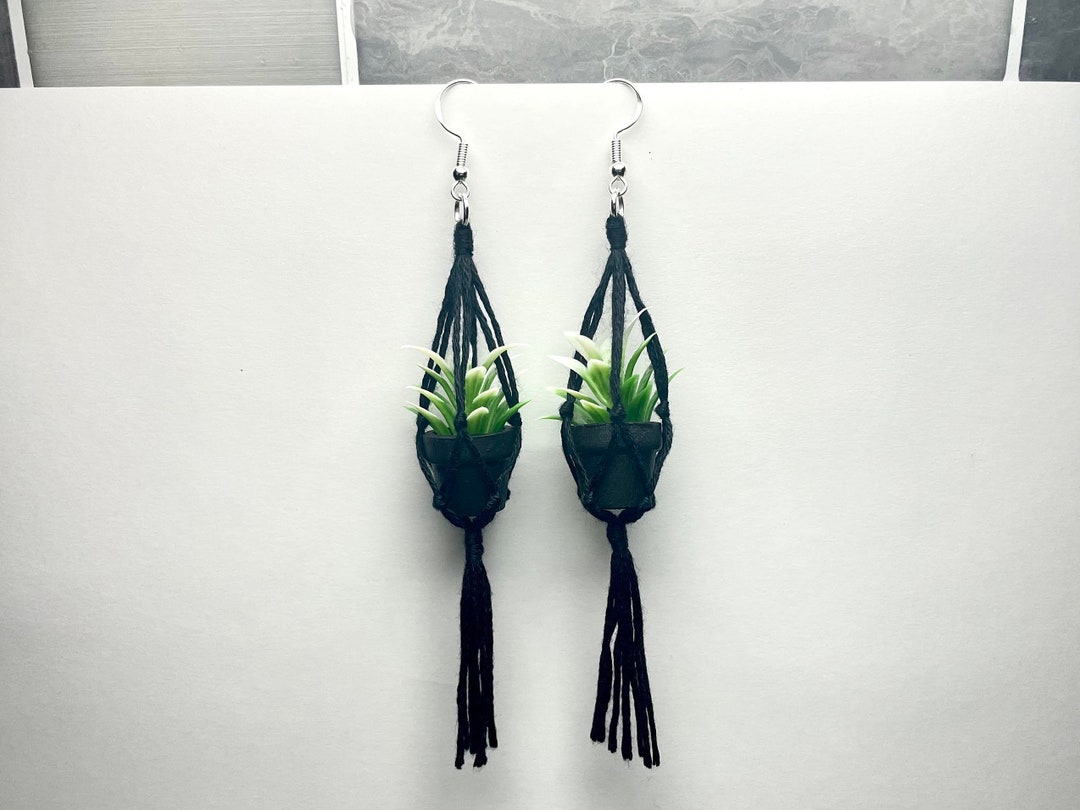 Hanging Plant Earrings, Miniature Plant Earring, Macrame Earring, Boho ...