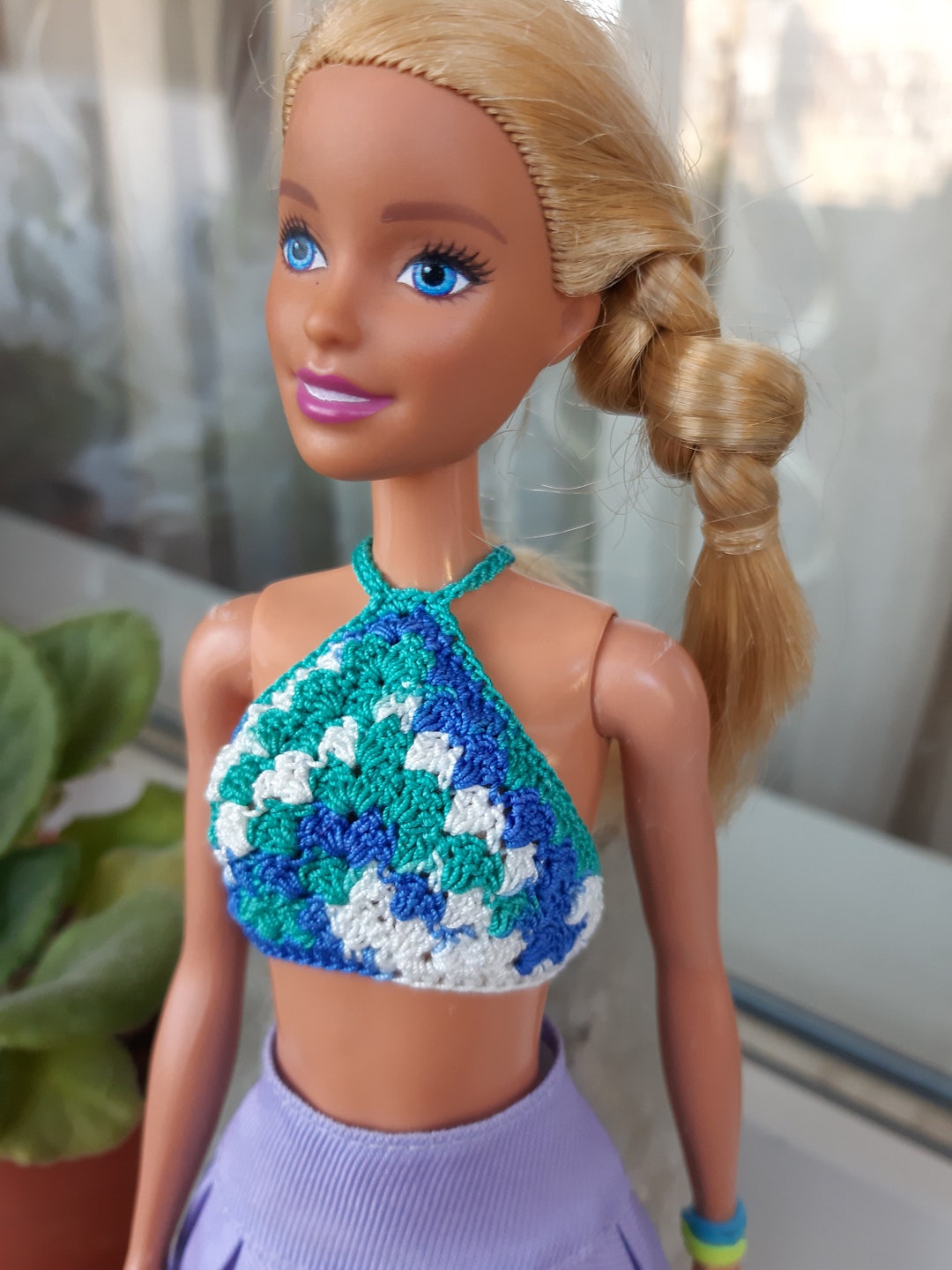 Doll Clothes - Doll Crop Top. Blue-white-green Pixel Crochet Top for 12 ...