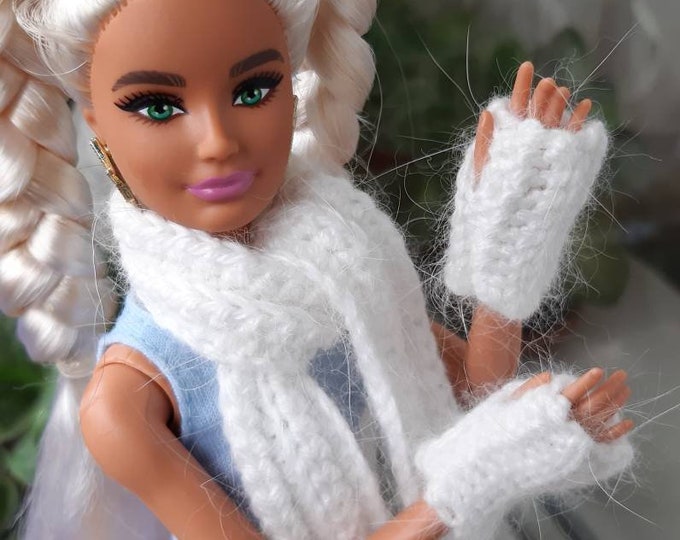 Doll Clothes: Doll Scarf and Mittens Set, White Angora Scarf for Doll ...