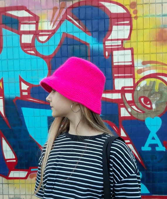 Neon Pink Bucket Hat Pink Panama Hat Fluffy Angora Cloche - Etsy