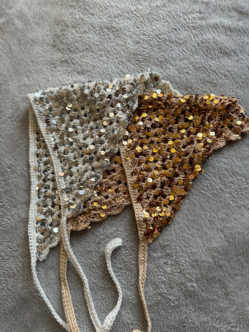 Sequin Bandana White Silver/beige Golden Shiny Lace Head Scarf ...