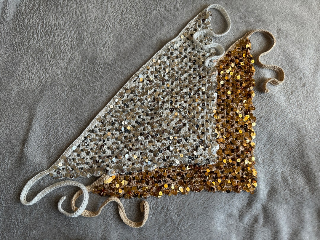 Sequin Bandana White Silver/beige Golden Shiny Lace Head Scarf ...