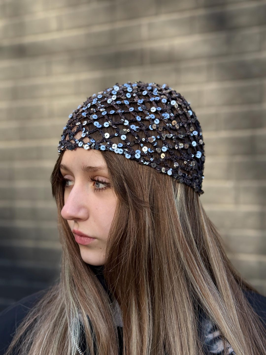 Graphite Sequin Mesh Beanie Hat – Sparkly Crochet Net Hat, Shiny Lace ...