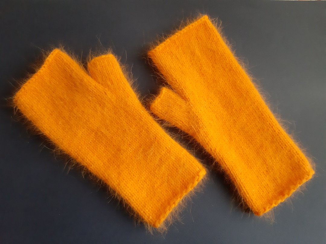 Hot Orange Fingerless Gloves Women. Fluffy Knitted Angora Mittens, Many ...