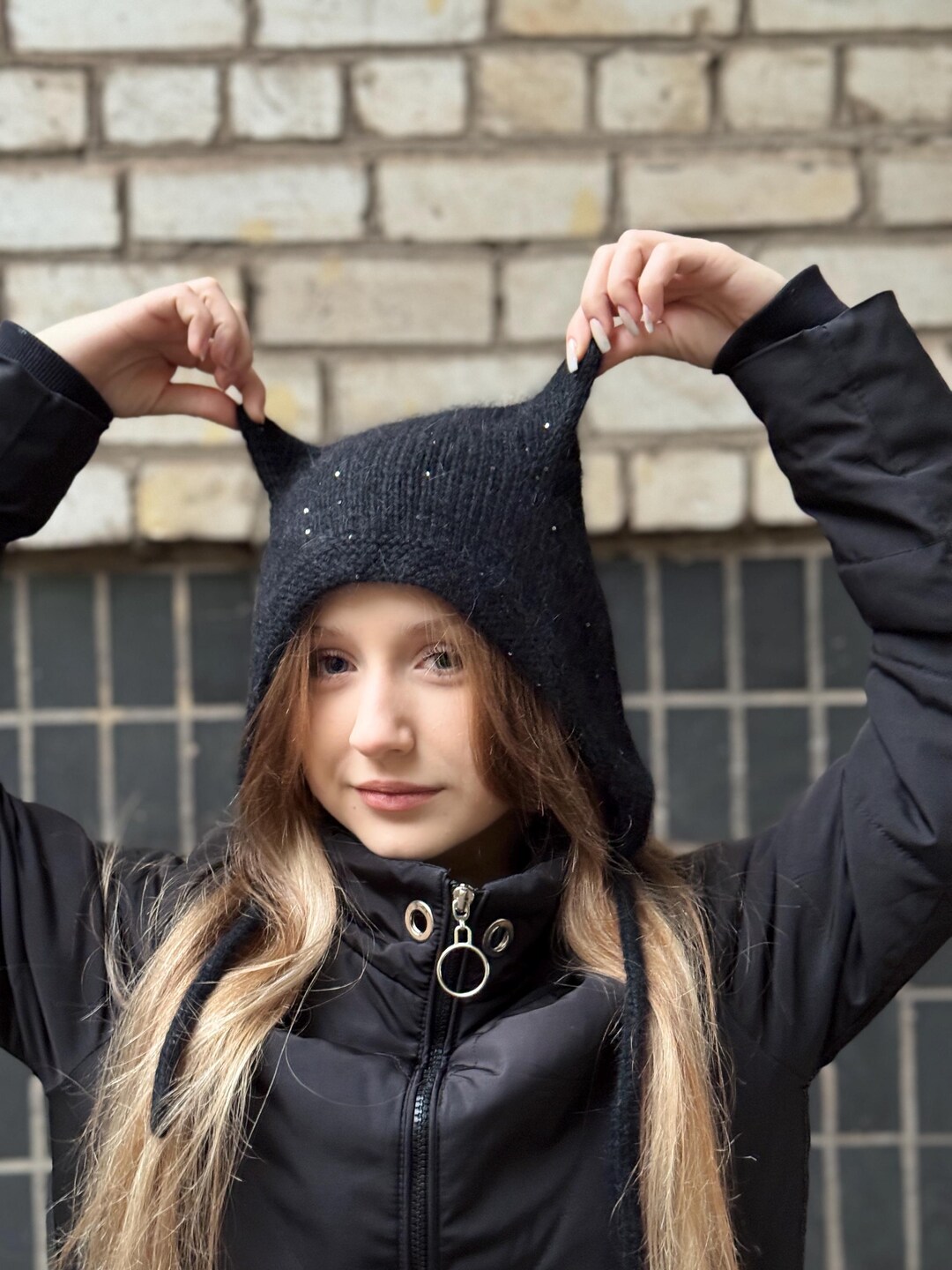 Black Cat Ear Hat Bonnet Adult. Knitted Angora Bonnet Winter, Kitty Hat ...