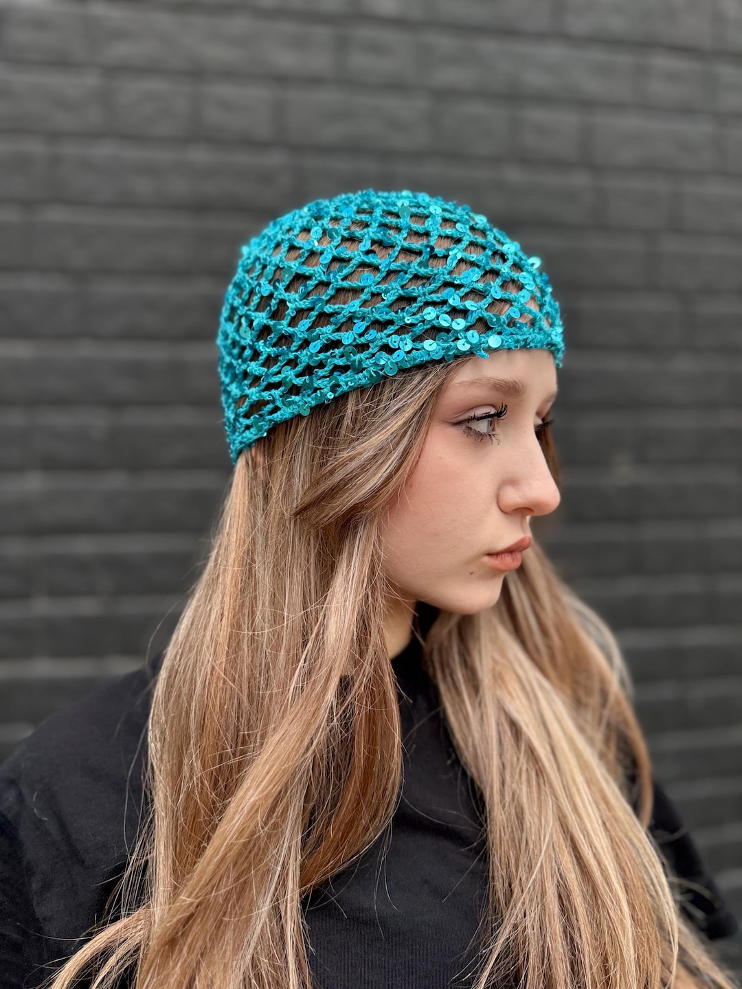 Mesh Beanie Hat With Sequins, Blue Sparkly Beanie Net Hat Crochet Hat ...