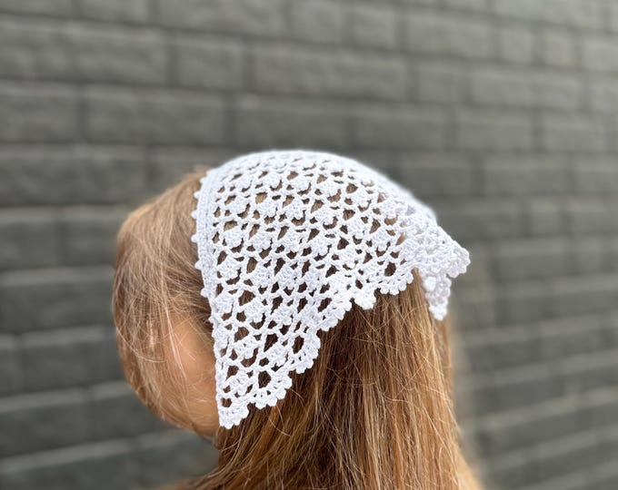White Lace Head Scarf, Handmade Kerchief Headpiece, Bandana Beach Head ...