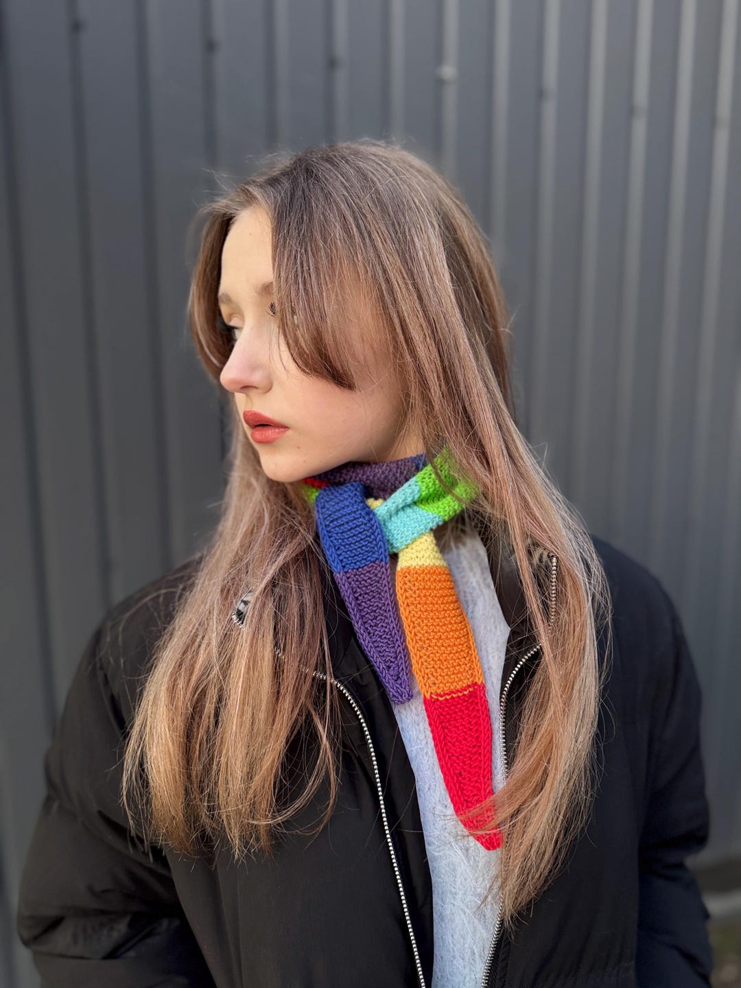 Rainbow Scarf Sophie Small Neck Scarf. Color Block Scarf Cotton. Hand ...