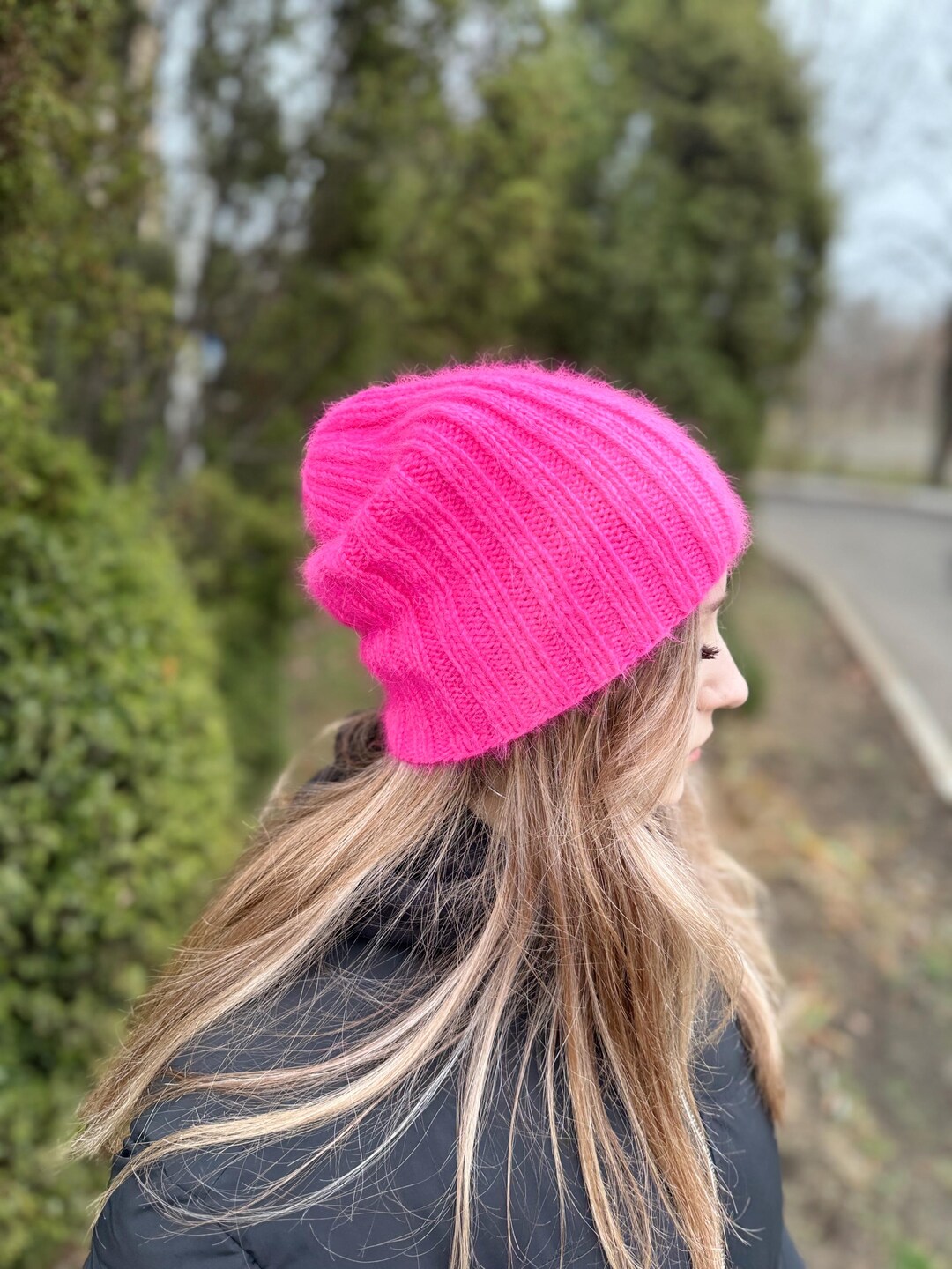 Neon Pink Beanie Hat, Warm Fluffy Angora Hat, Hand Knit Winter Hat for ...
