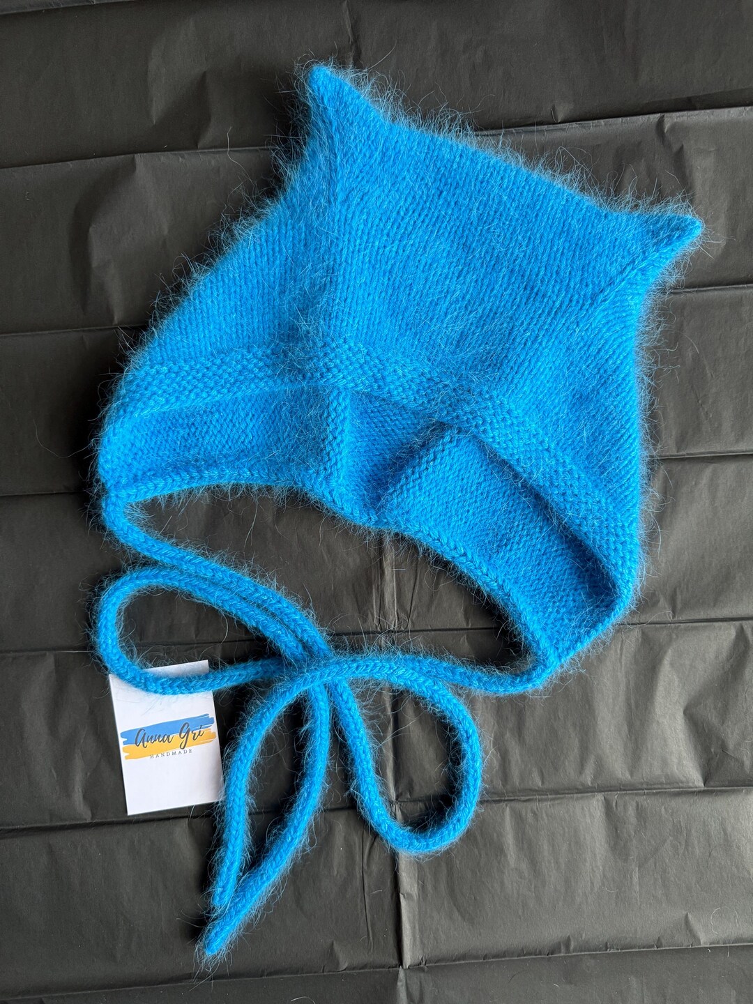 Blue Knitted Hat Bonnet With Long Ties, Kitty Bonnet Women, Cat Ear ...