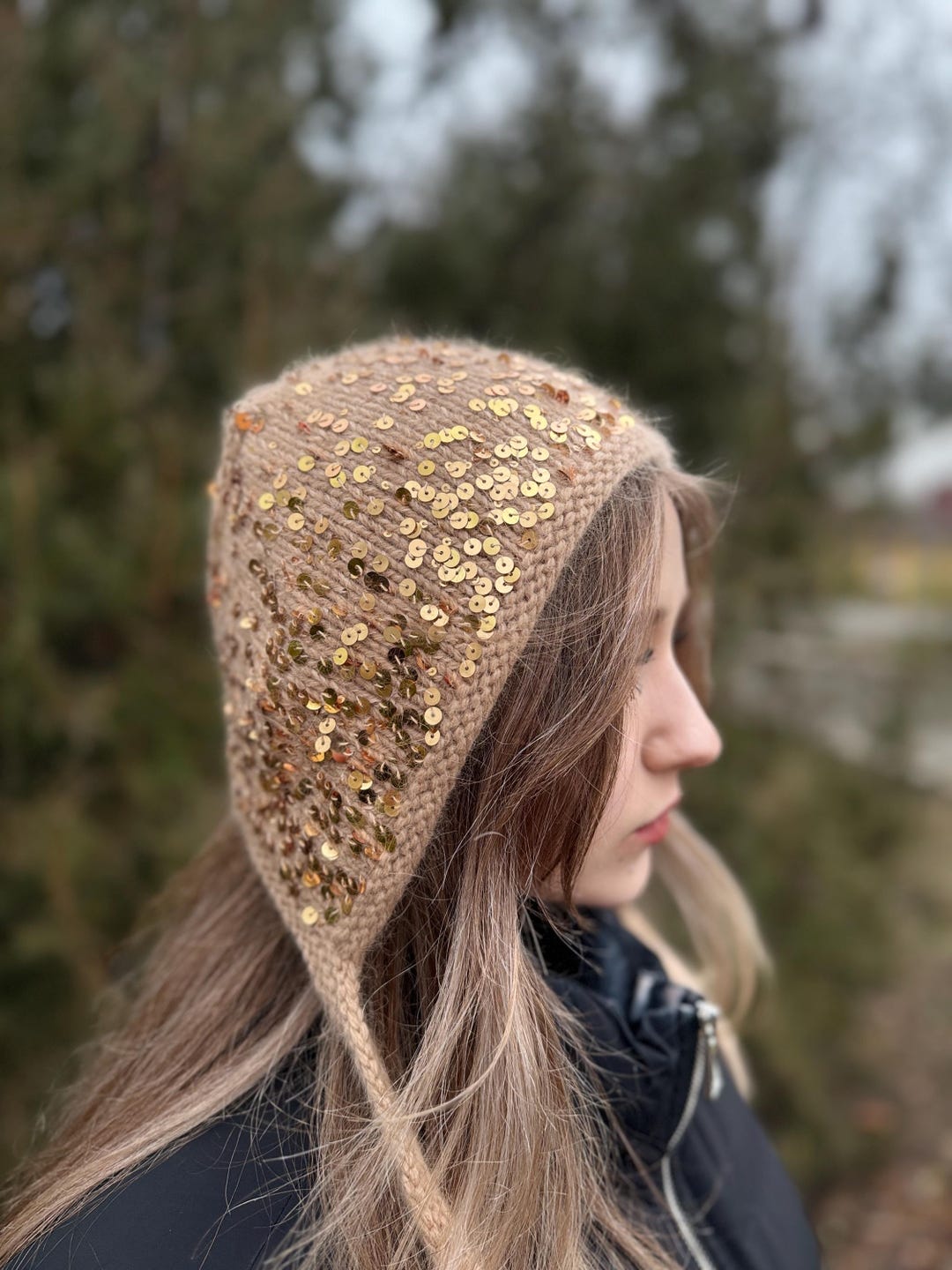 Sequin Bonnet Adult. Angora Hat for Women. Spring Knitted Hat Bonnet ...
