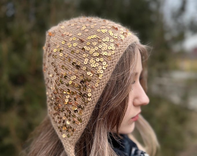 Sequin Bonnet Adult. Angora Hat for Women. Spring Knitted Hat Bonnet ...
