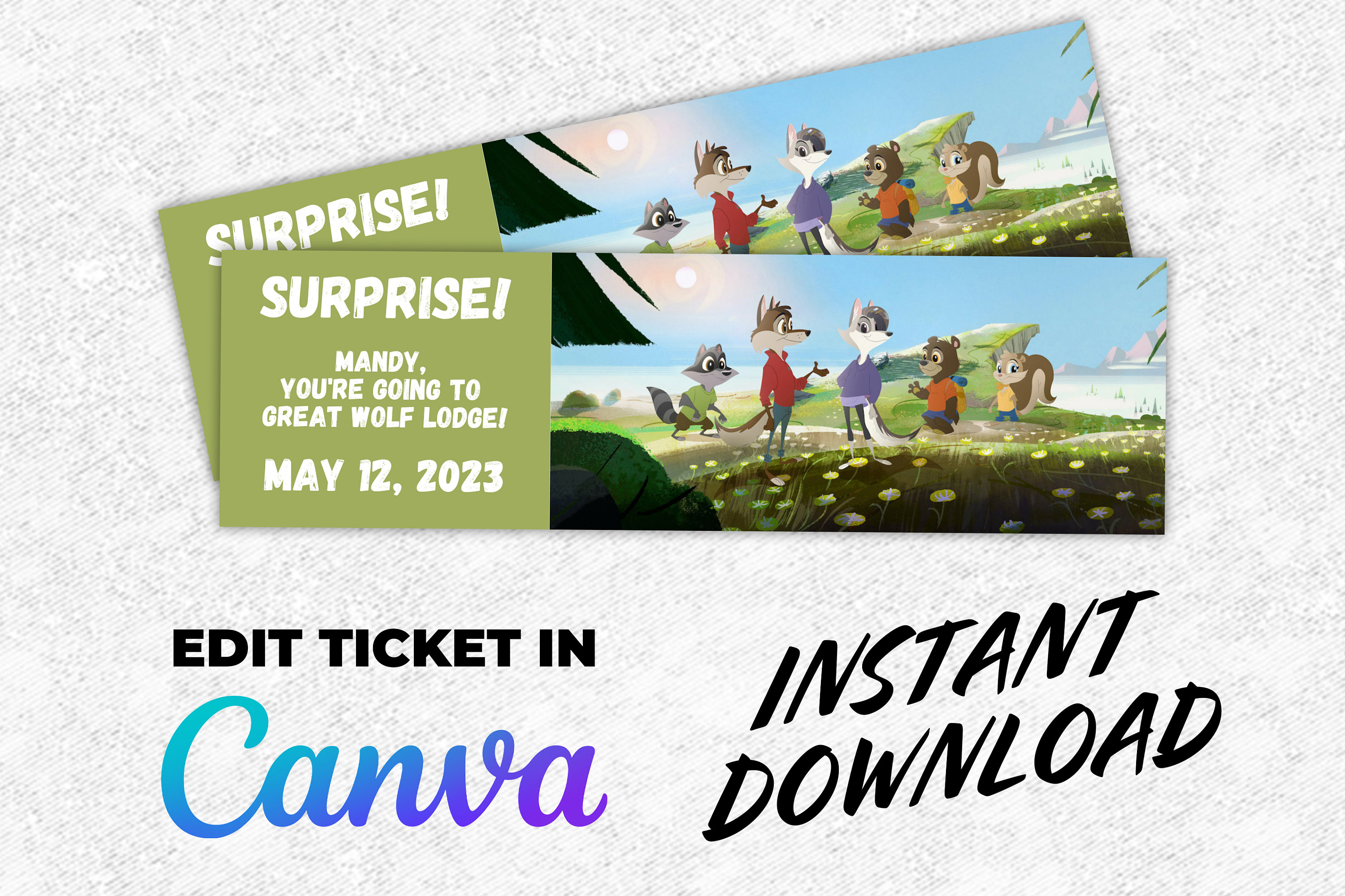 Great Wolf Lodge Ticket | Great Wolf Lodge Surprise | Great Wolf Lodge Template | Canva Template ...