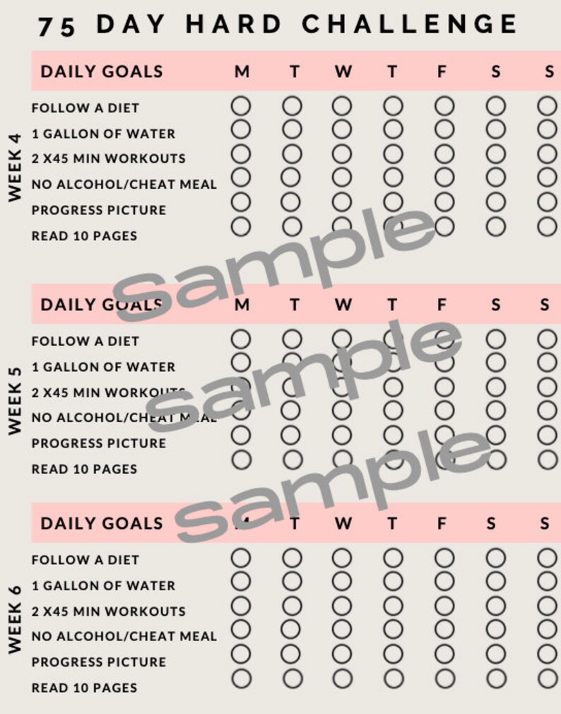 Printable Download 75 Hard Challenge Sunday Monday Start Etsy France