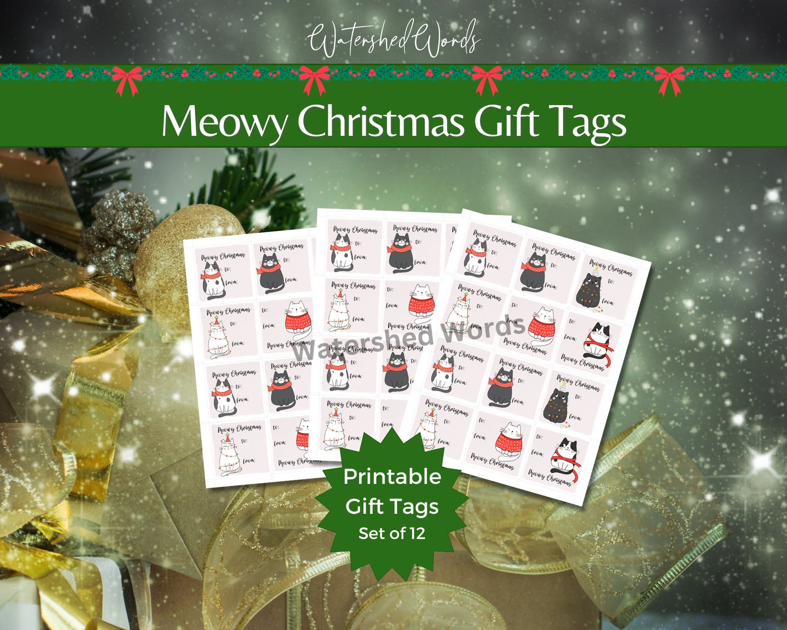 Printable Christmas Cat Gift Tags: Meowy Holiday Labels (digital ...