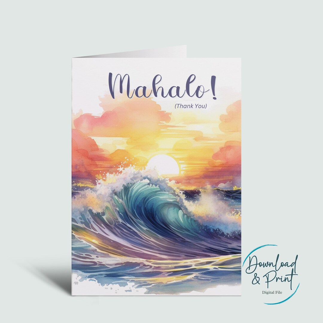 Mahalo Hawaiian Thank You Printable Greeting Card, Hawaii Theme Card ...