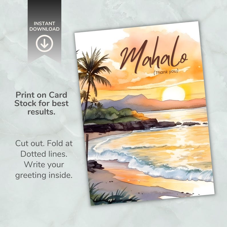 Mahalo Hawaiian Thank You Printable Greeting Card, Hawaii Theme Card ...