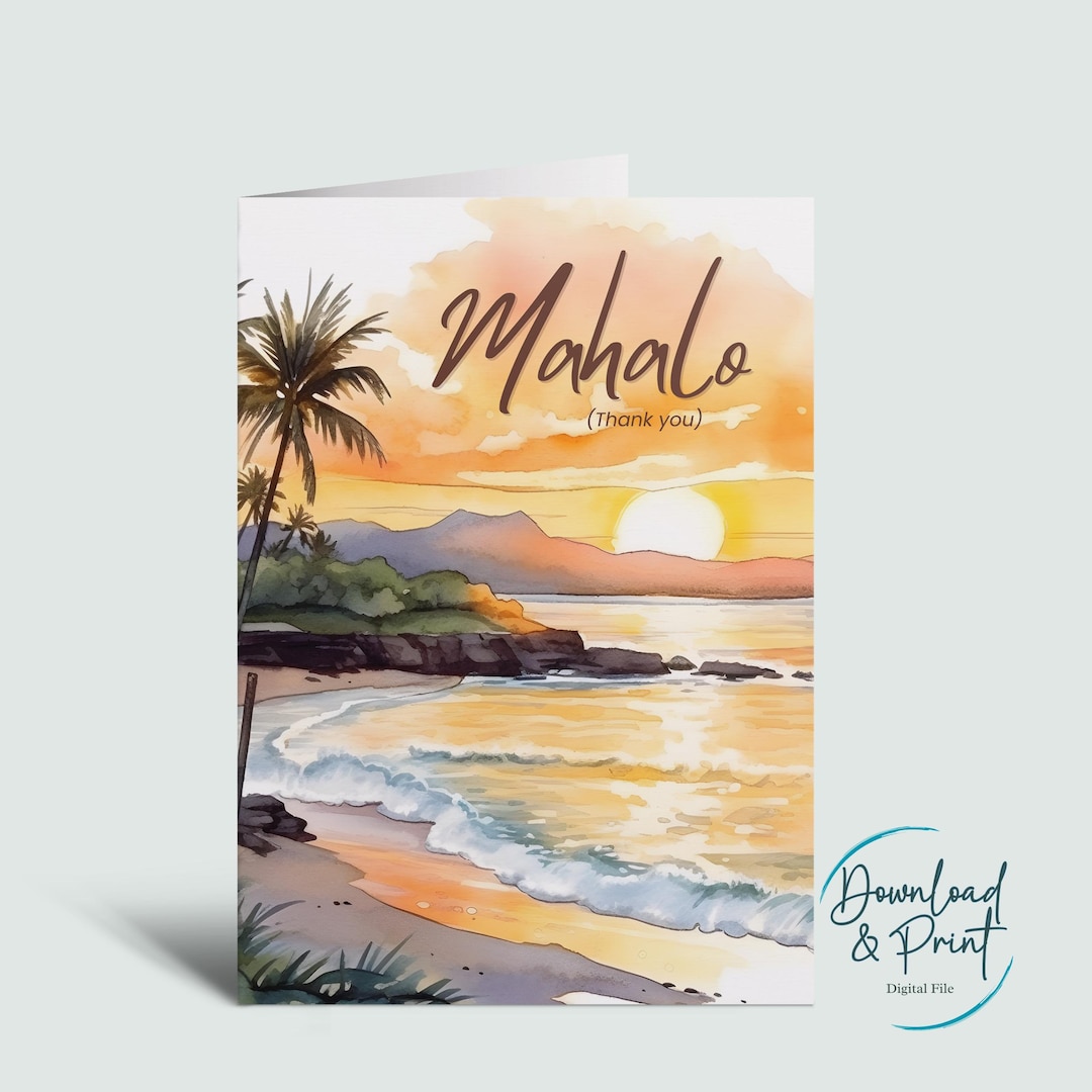 Mahalo Hawaiian Thank You Printable Greeting Card, Hawaii Theme Card ...