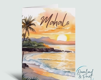 Mahalo Printable Greeting Card, Hawaii Theme Note Card, Tropical Scenes ...