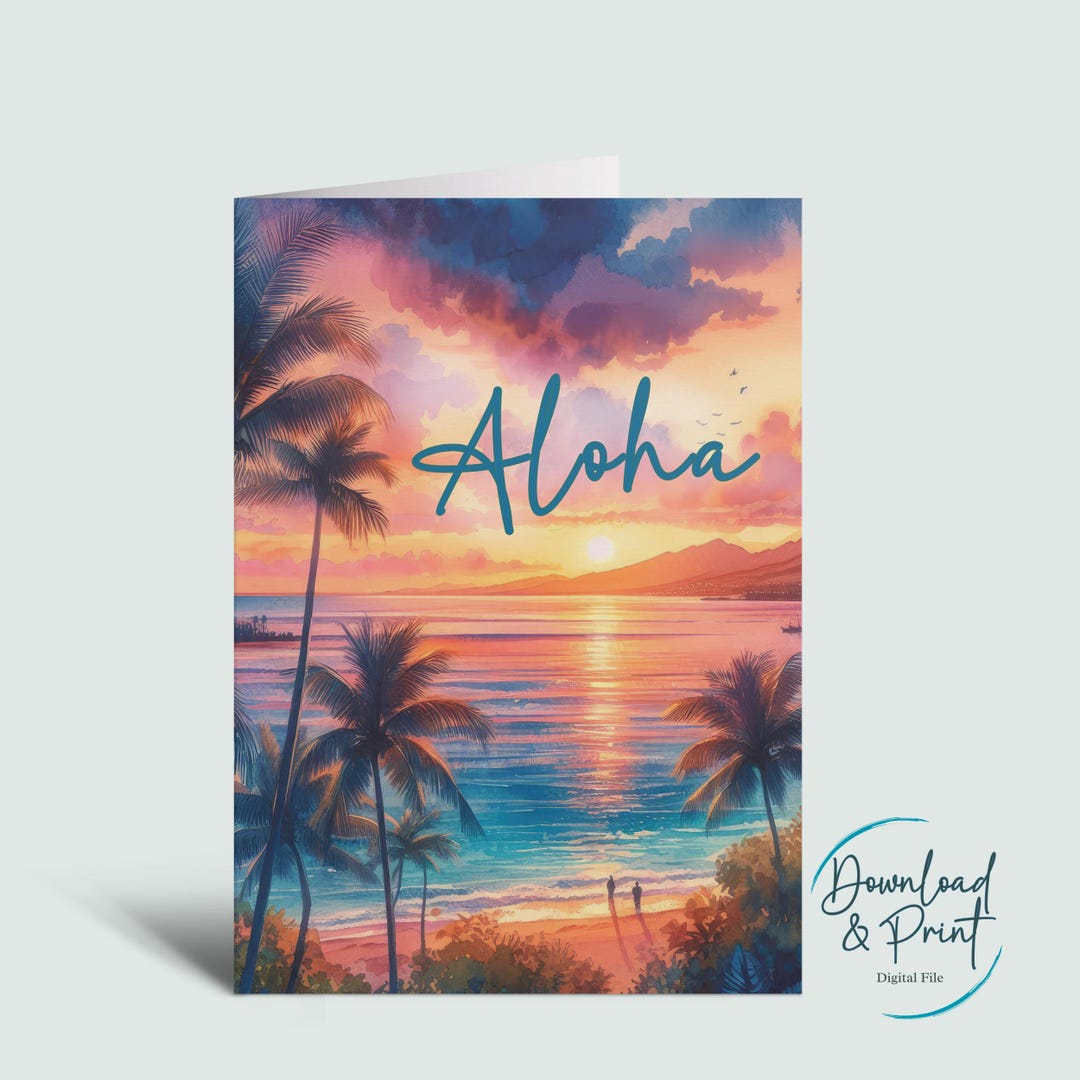 Aloha Printable Greeting Card, Hawaii Theme Note Card, Tropical Scenes ...