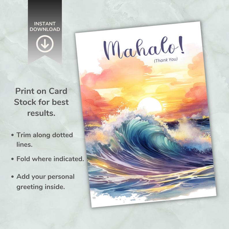 Mahalo Hawaiian Thank You Printable Greeting Card, Hawaii Theme Card ...