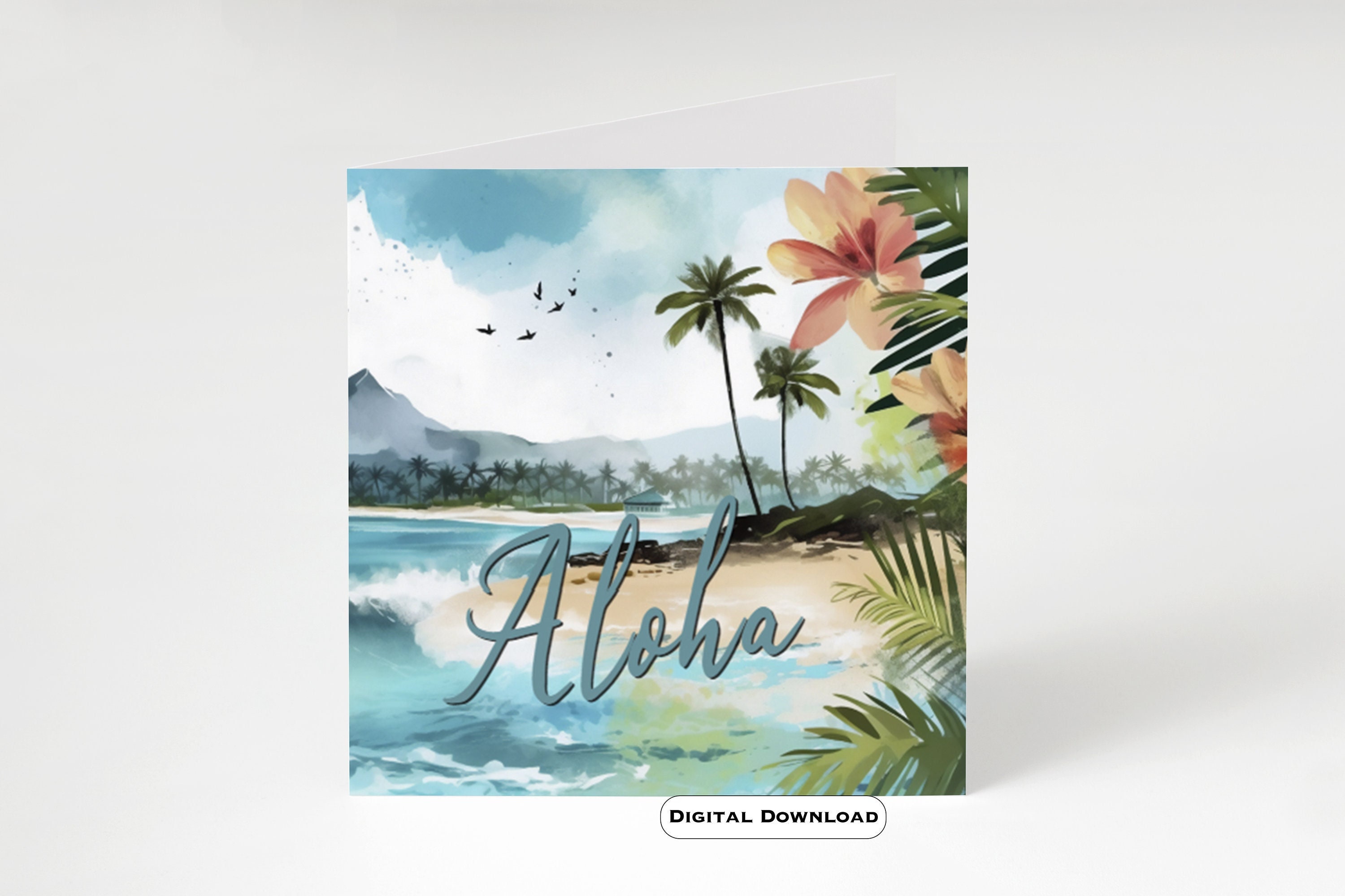Aloha Printable Greeting Card, Hawaii Theme Note Card, Tropical Scenes Digital Card, Aloha ...