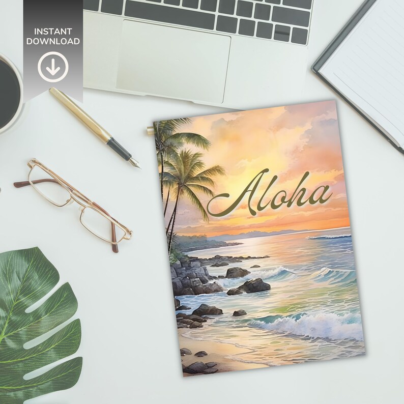 Aloha Printable Greeting Card, Hawaii Theme Note Card, Tropical Scenes Digital Card, Aloha ...