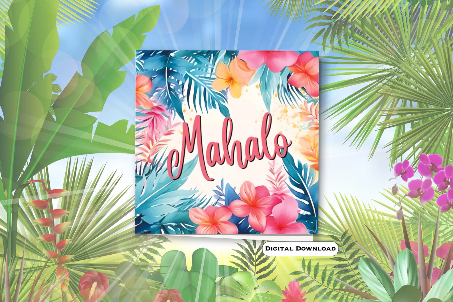 Mahalo Printable Greeting Card, Hawaii Theme Note Card, Tropical Scenes ...