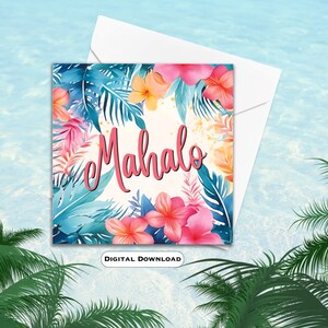 Mahalo Printable Greeting Card, Hawaii Theme Note Card, Tropical Scenes ...