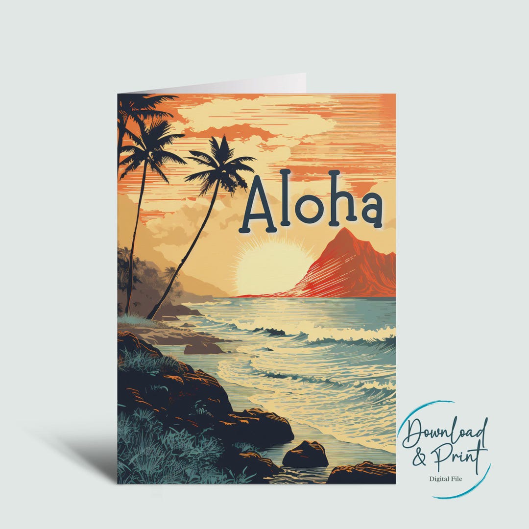 Retro Aloha Printable Greeting Card, Hawaii Theme Note Card, Tropical ...
