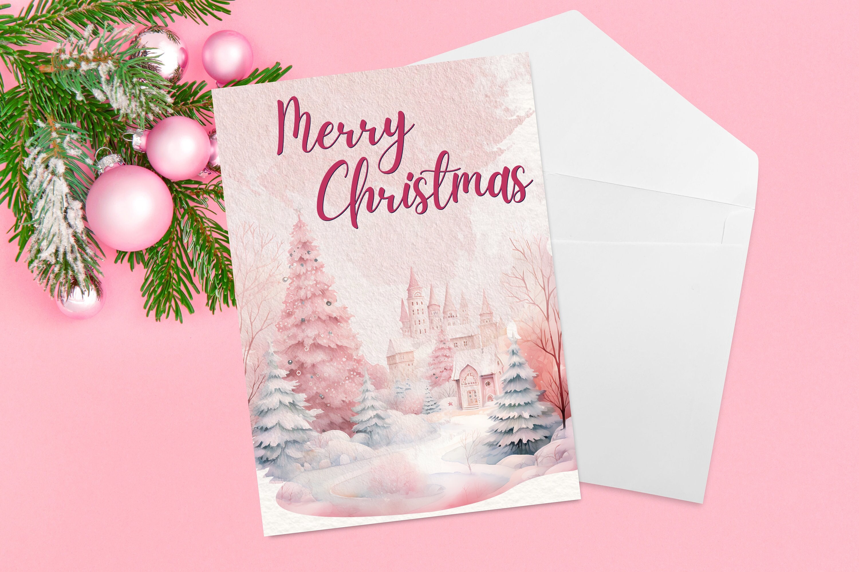 Printable Pink Christmas Card, Merry Christmas, Greeting Card, Pink ...
