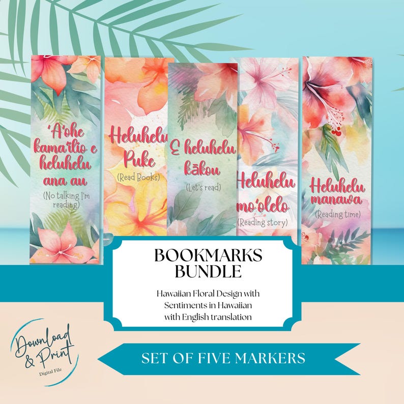 Hawaii Flora Bookmarks: Set of 5 Printable Hawaiian Message Bookmarkers ...
