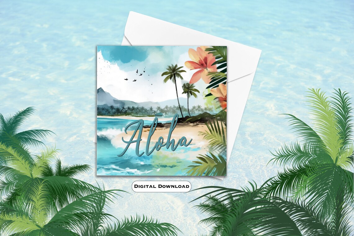Aloha Printable Greeting Card, Hawaii Theme Note Card, Tropical Scenes ...