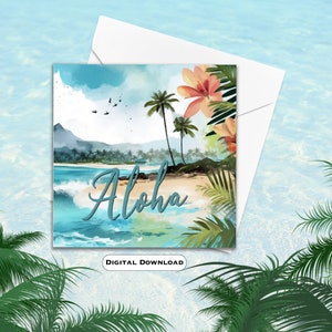 Aloha Printable Greeting Card, Hawaii Theme Note Card, Tropical Scenes Digital Card, Aloha ...