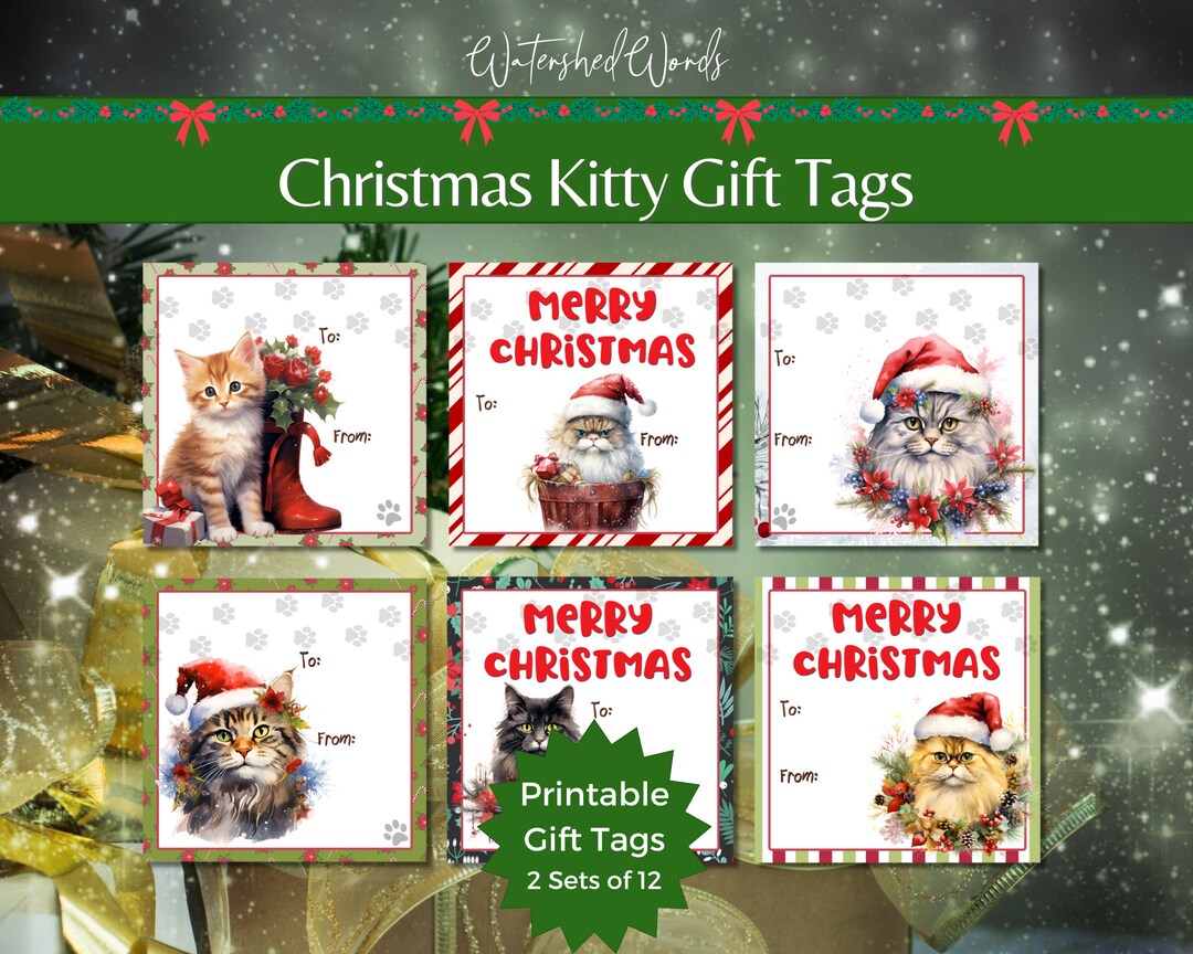 Printable Christmas Kitty Gift Tags, Cat Gift Labels, Instant Download ...