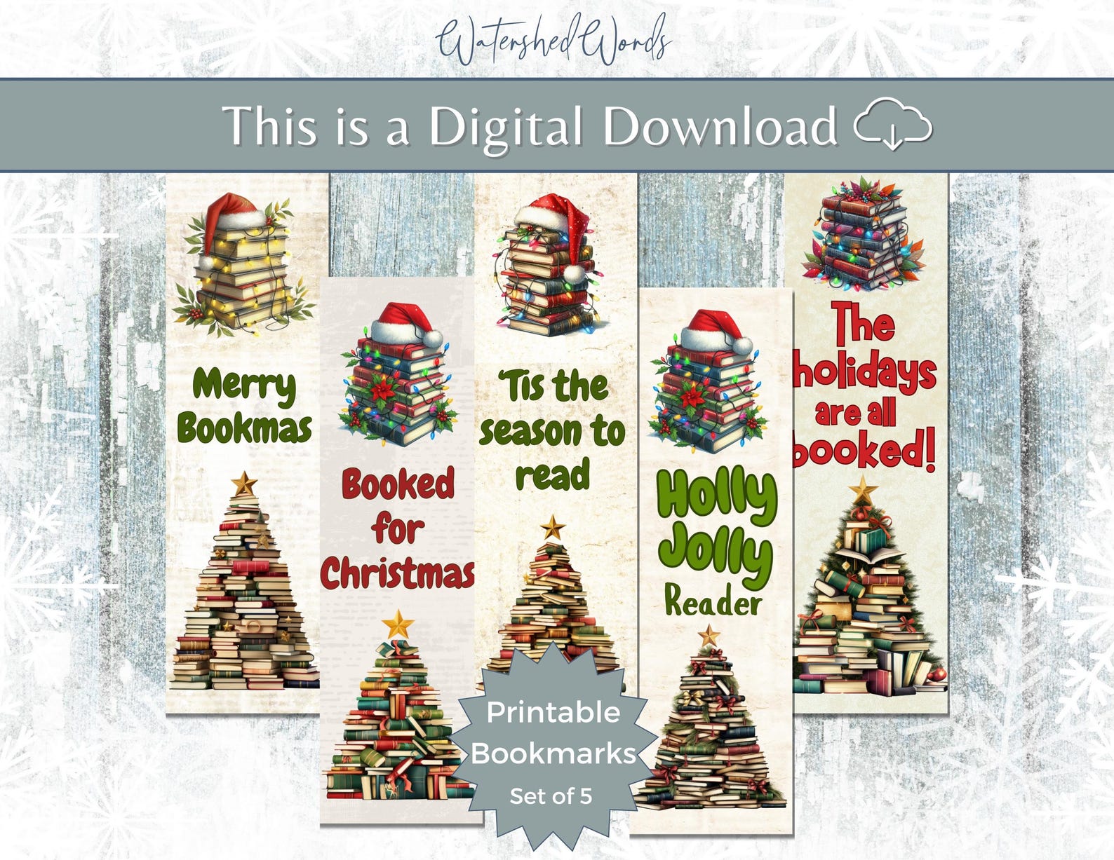 Merry Christmas Bookmarks, Merry Bookmas, Book Trees, Digital Bookmarks ...