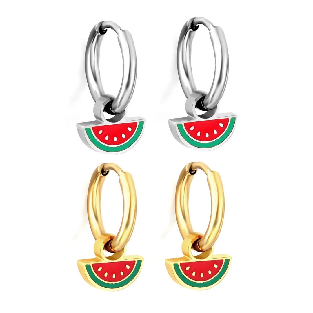 Dainty Watermelon Palestine Huggie Drop Earrings - Etsy