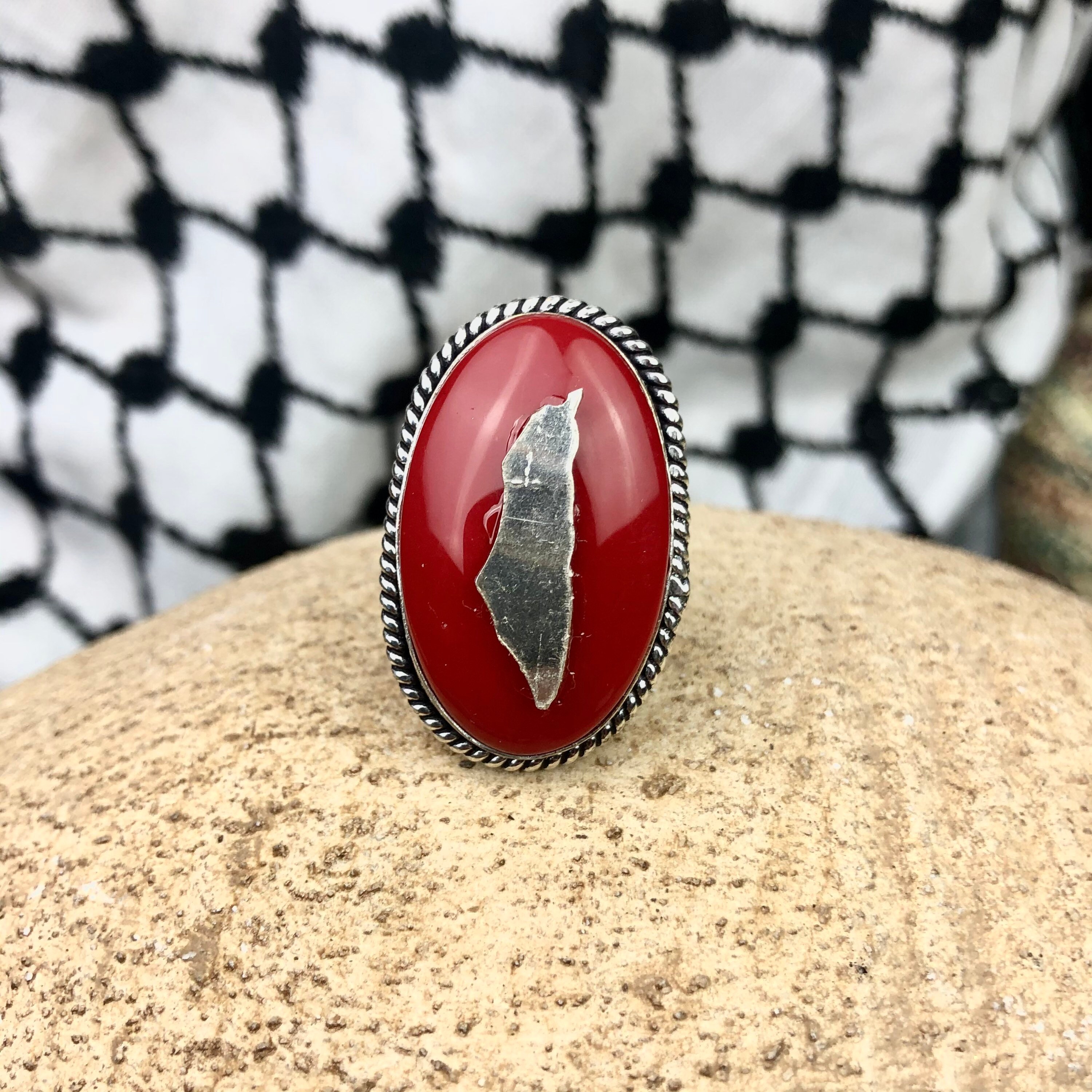 Palestine Map Charm on Red Coral Oval Gemstone Ring - Etsy UK