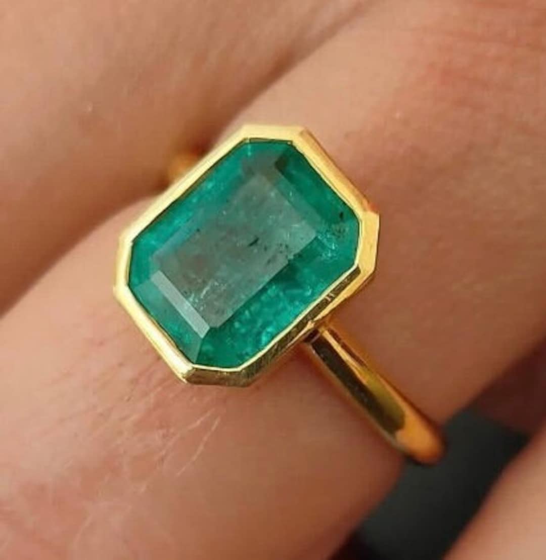 14K Yellow Gold Emerald Ring, Natural Octagon 3CT Bezel Ring - Etsy