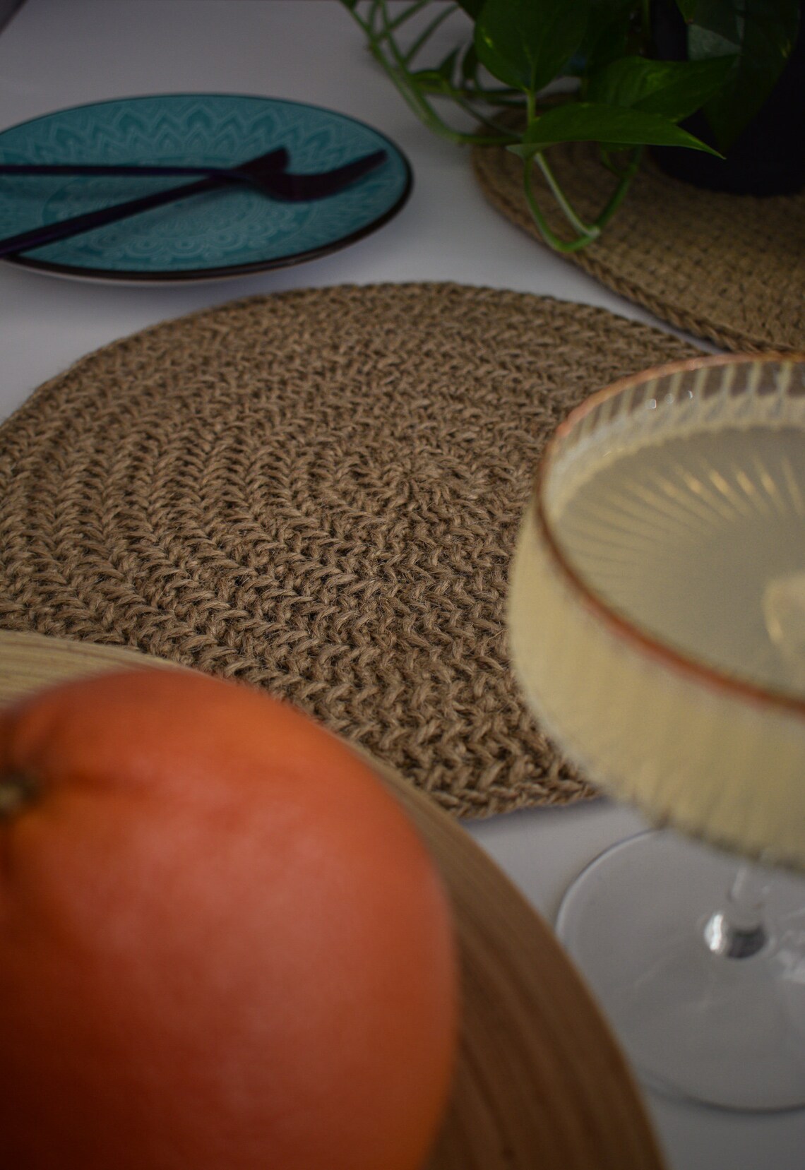 Crochet Jute Round Placemat, Jute Beige Placemat, Handmade Natural ...