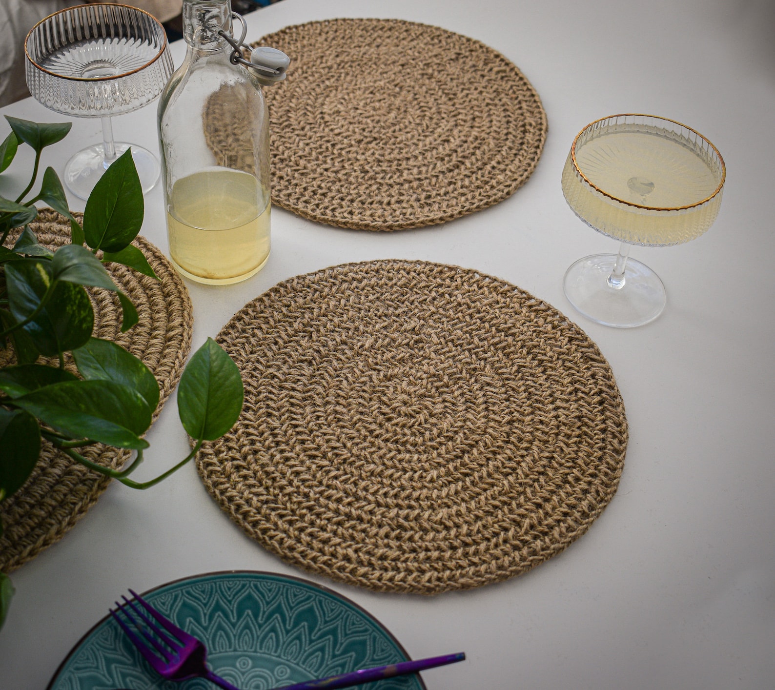 Crochet Jute Round Placemat, Jute Beige Placemat, Handmade Natural ...