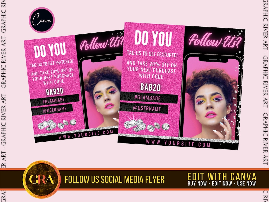 DIY Follow Us Social Media Flyer, Pink Flyer Template, Instagram Flyer ...