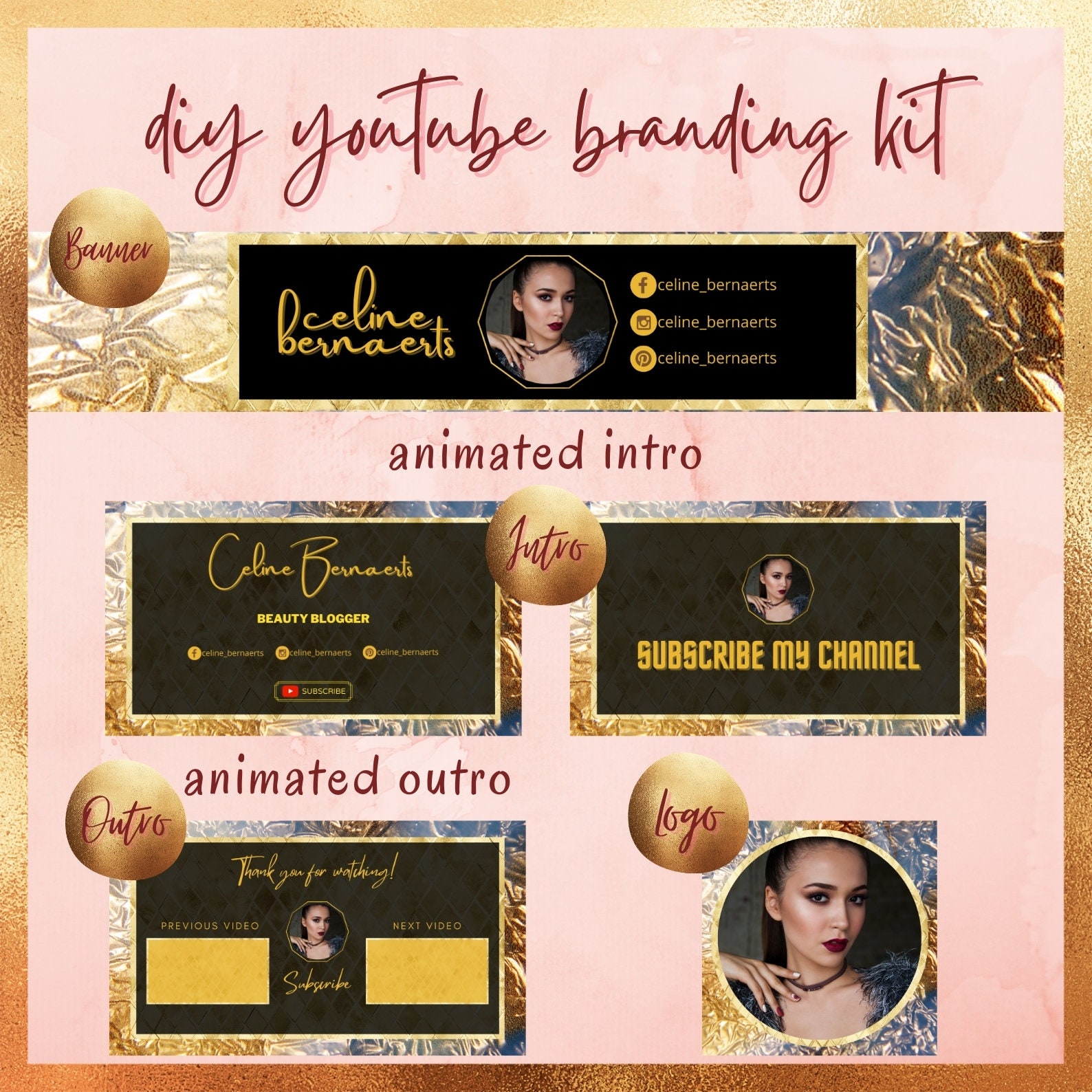 Golden Foil DIY Youtube Branding Kit Editable in Canva | Youtube ...