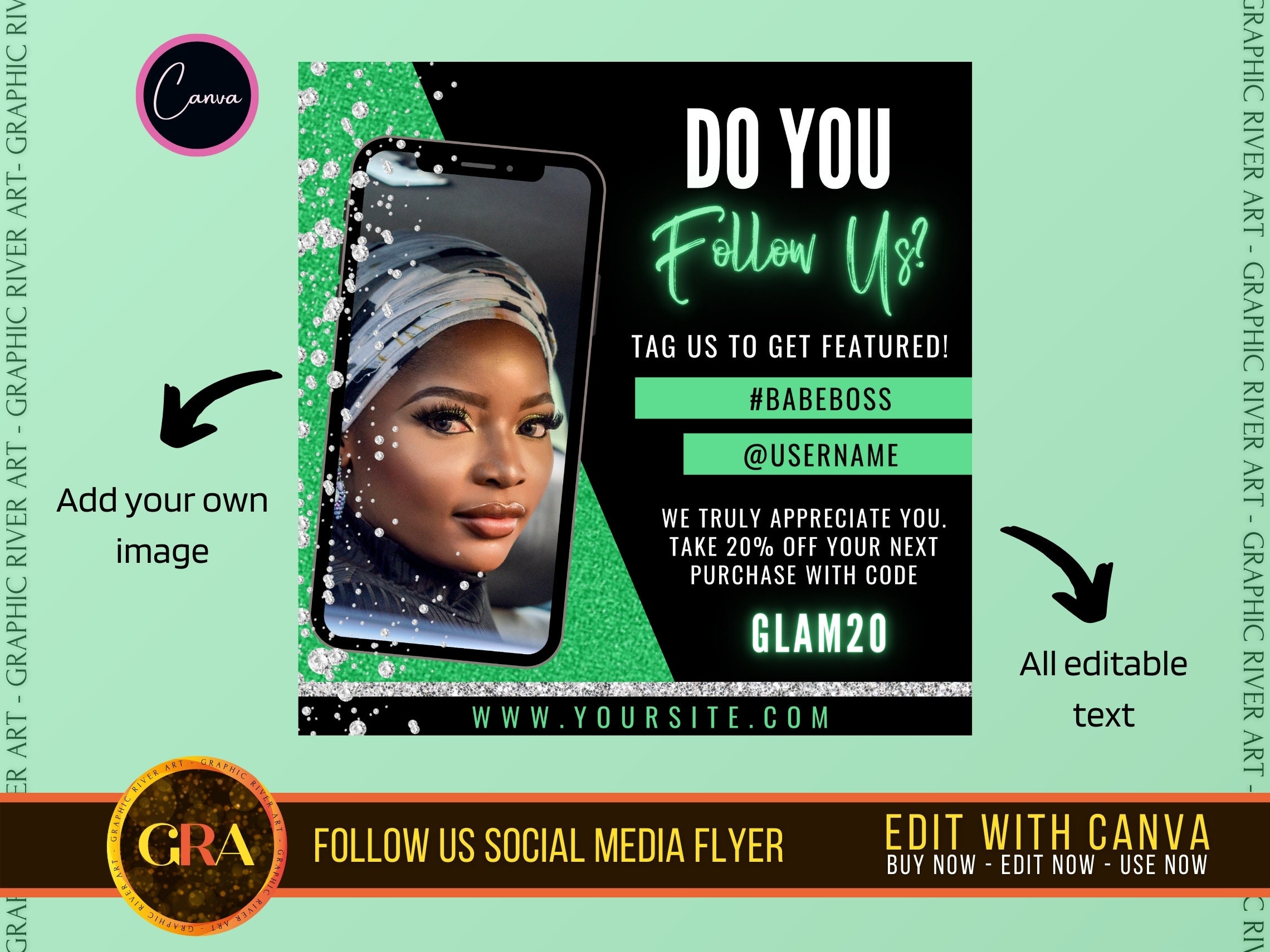DIY Green Do You Follow Us Social Media Flyer, Tag Us Flyer, Follow Us ...