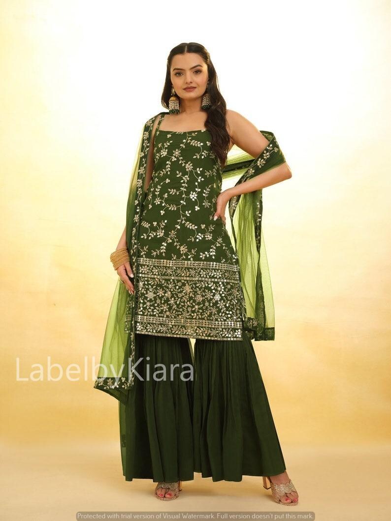 Bottle Green Banarasi Brocade Kurta Sharara Set for Women Sharara Suit ...