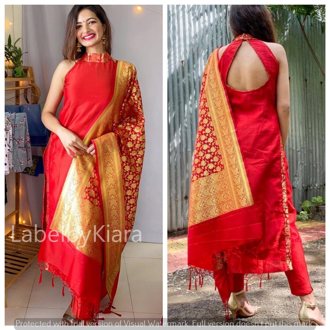 Indian Sleeveless Red Silk Salwar Kameez & Dupatta for Women Salwar ...