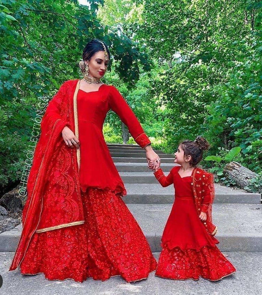 Red Matching Mother Daughter Embroidered Kurta Sharara for Wedding Kids ...