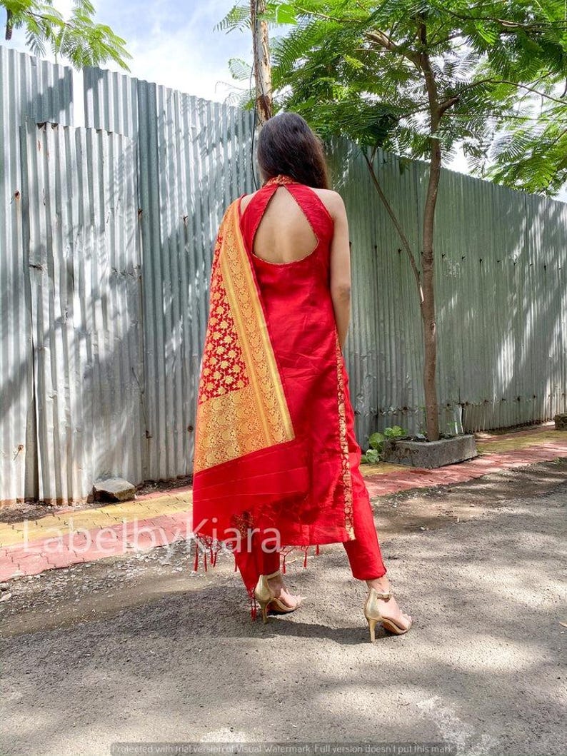 Indian Sleeveless Red Silk Salwar Kameez & Dupatta for Women Salwar ...
