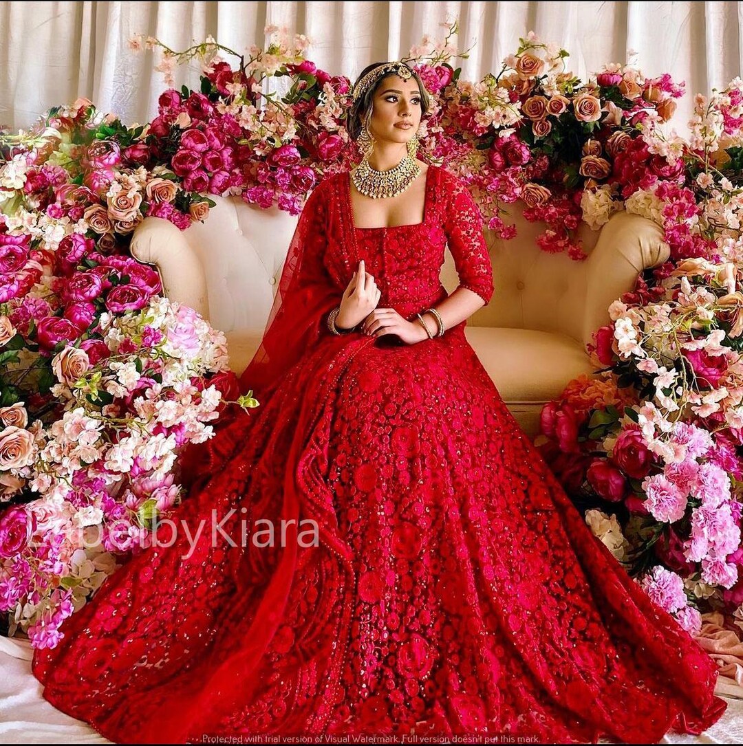 Bridal Red Net Embroidered Fully Flared Wedding Bridal Lehenga for ...