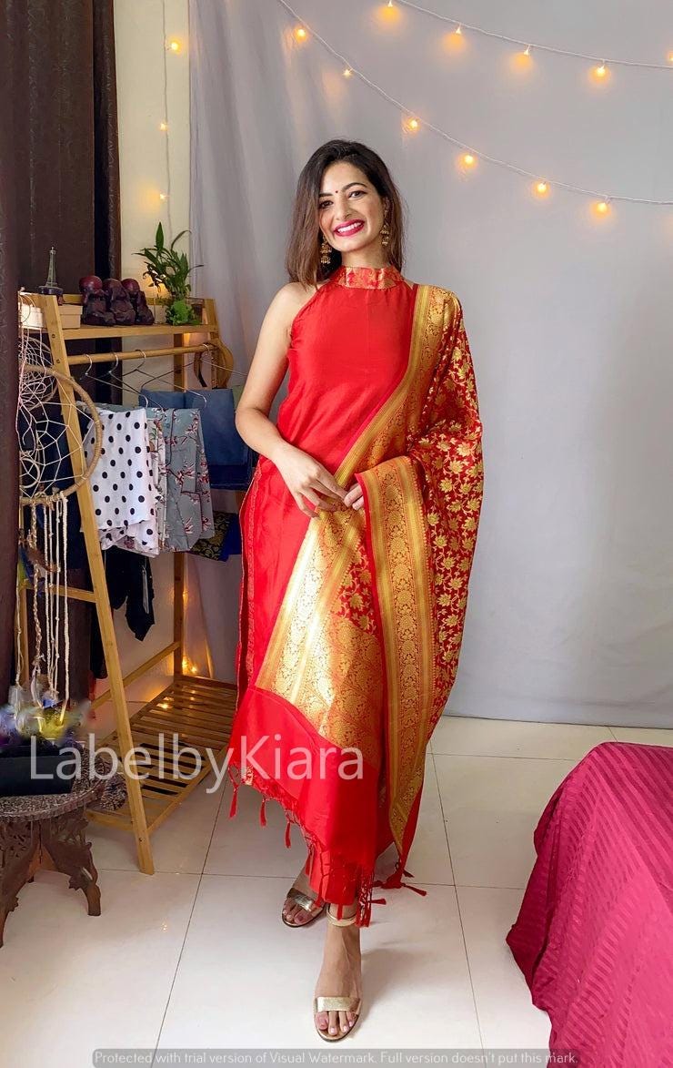 Indian Sleeveless Red Silk Salwar Kameez & Dupatta for Women Salwar ...